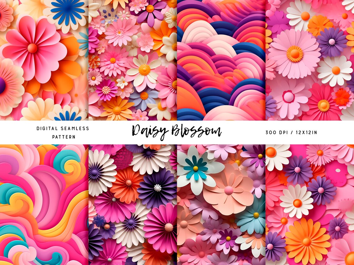 Boho Flower Digital Paper Pack: Retro Seamless Pattern (digital ...