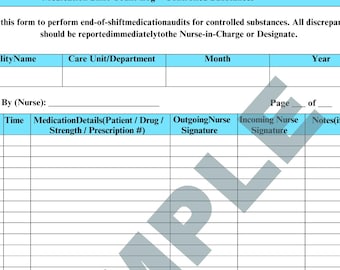 Controlled Substance Medication Count Log | Printable Shift Audit Sheet ...