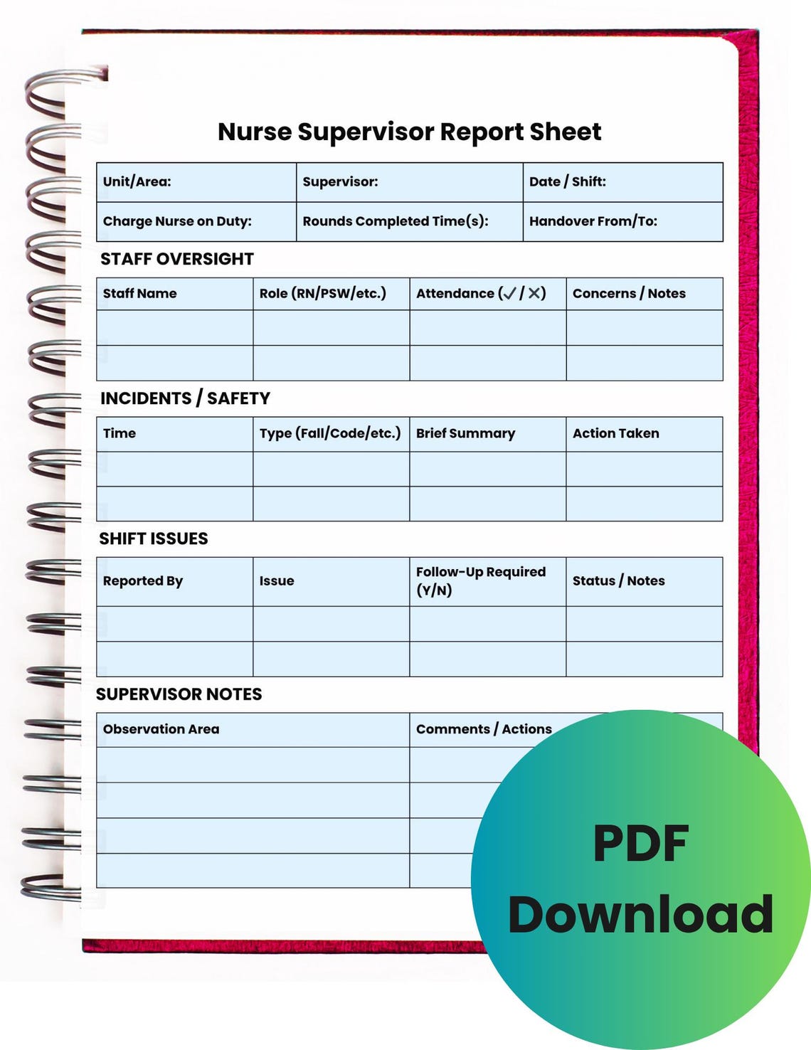 Nurse Supervisor Report Sheet, Printable PDF for Shift Handover ...