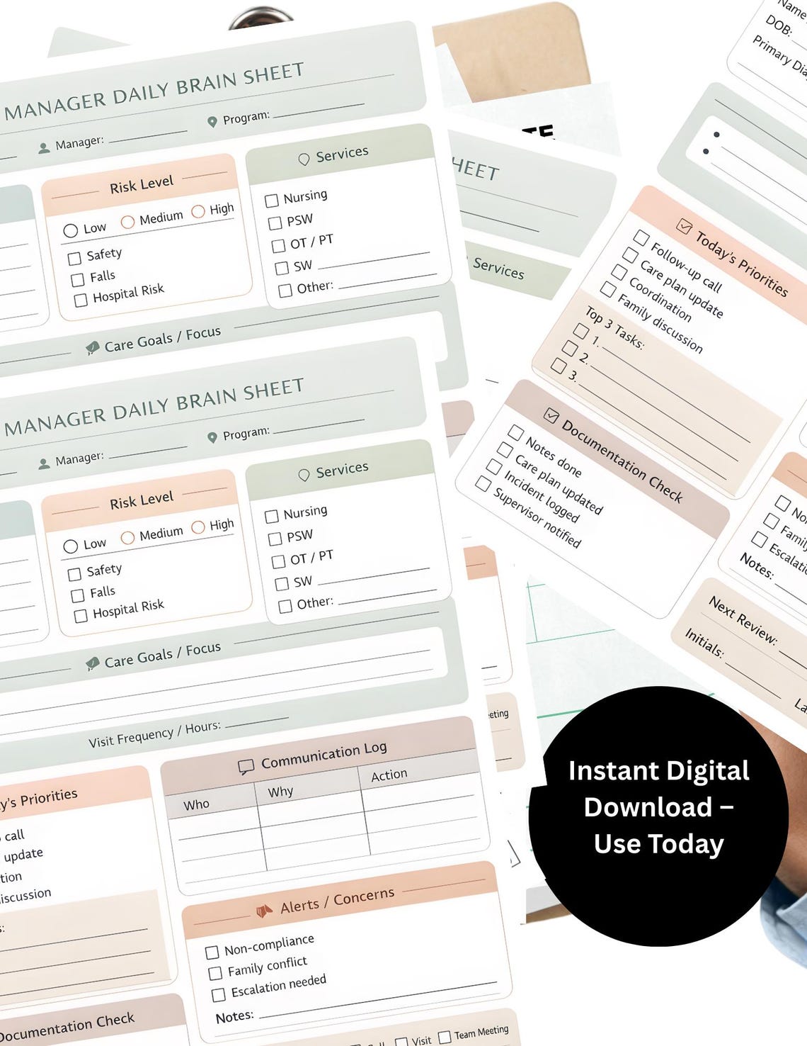 Case Manager Brain Sheet | Case Management Planner | Care Coordination ...