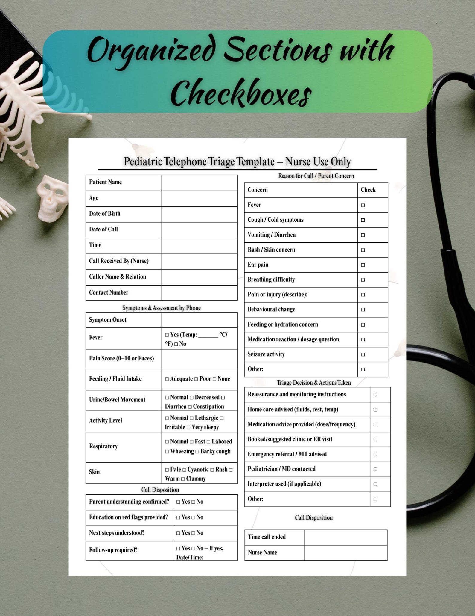 Telephone Triage Worksheet + Call Log – Non Editable PDF for Clinic ...
