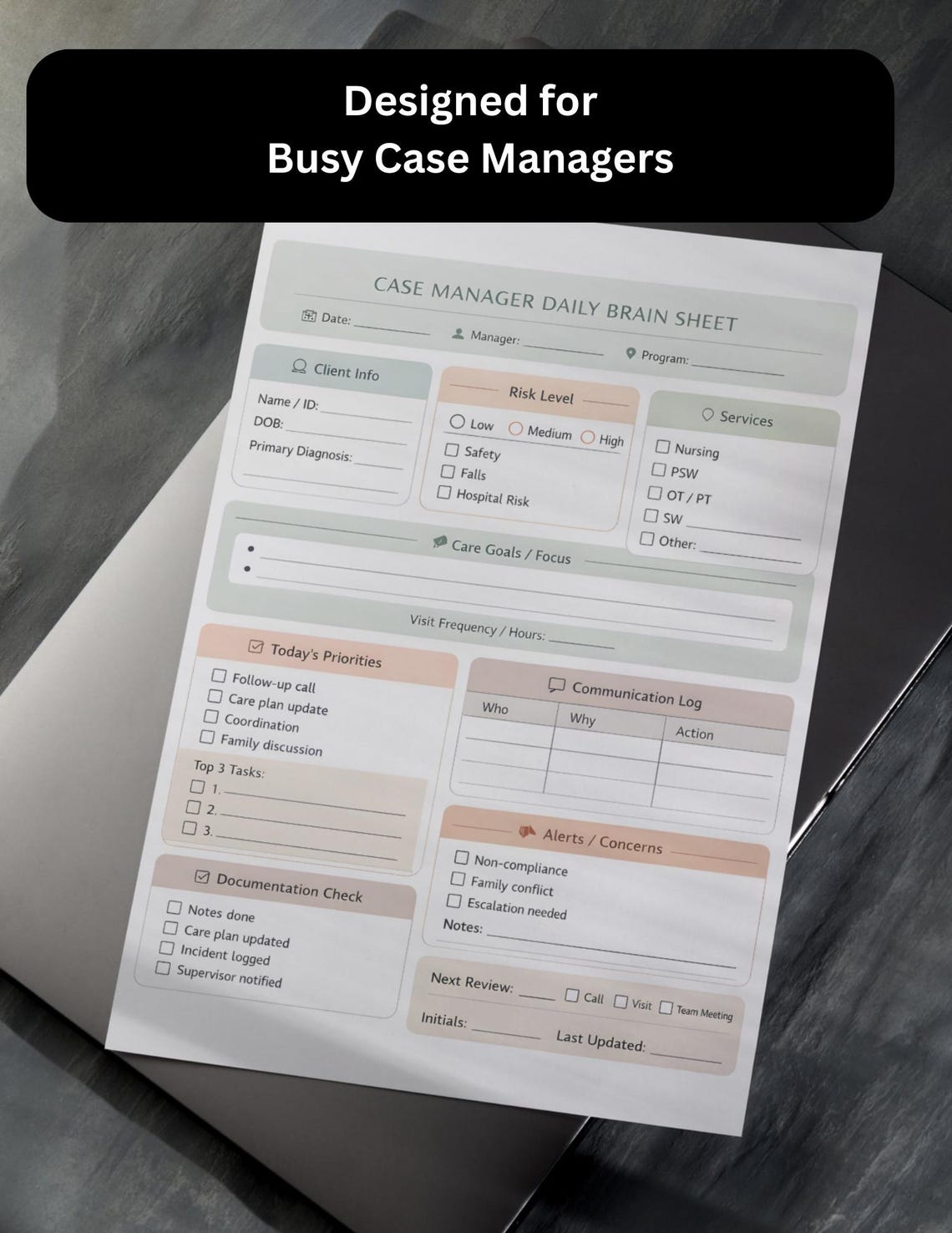 Case Manager Brain Sheet | Case Management Planner | Care Coordination ...