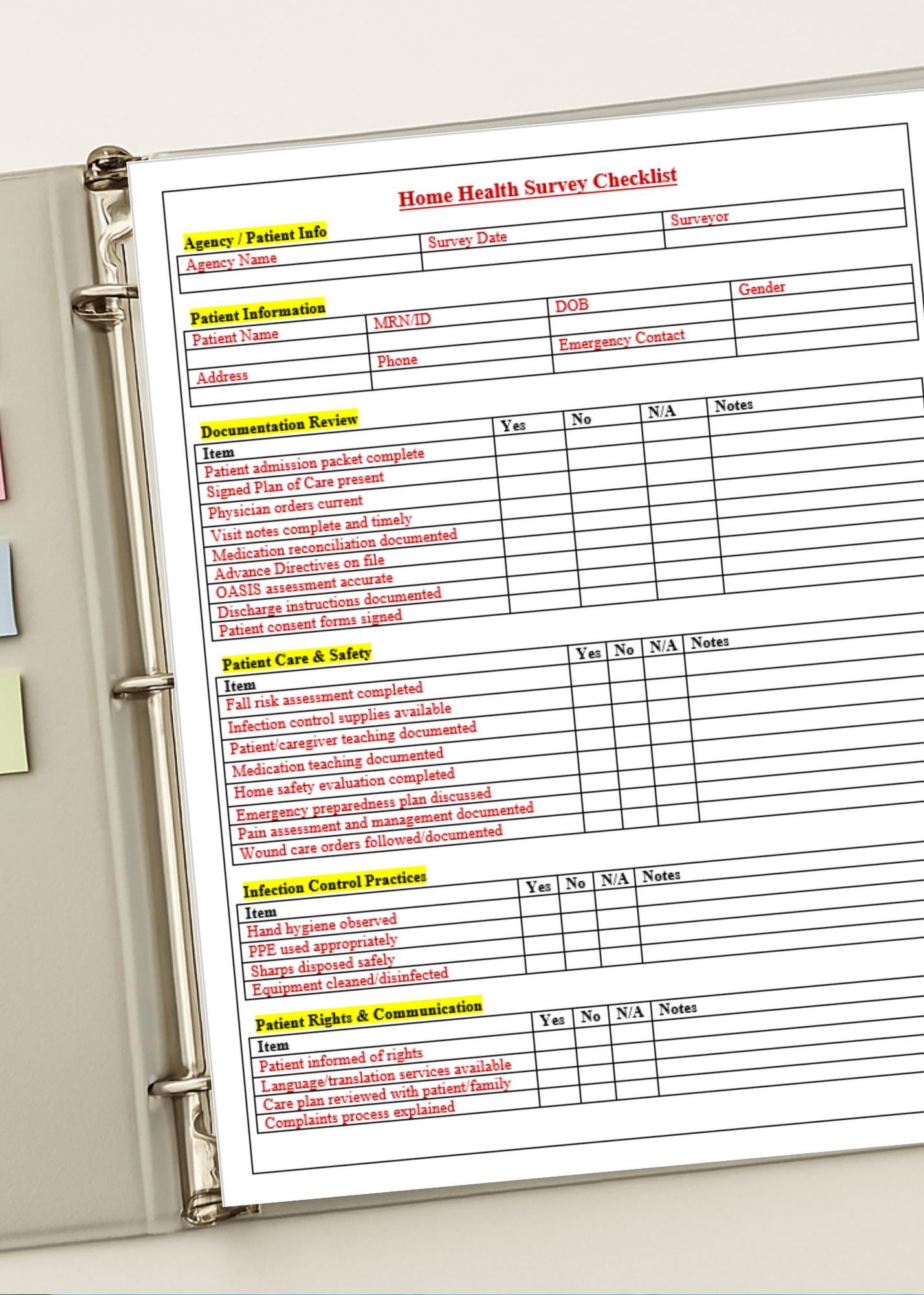 Home Health Survey Checklist, Editable Word Document, Nursing Form ...