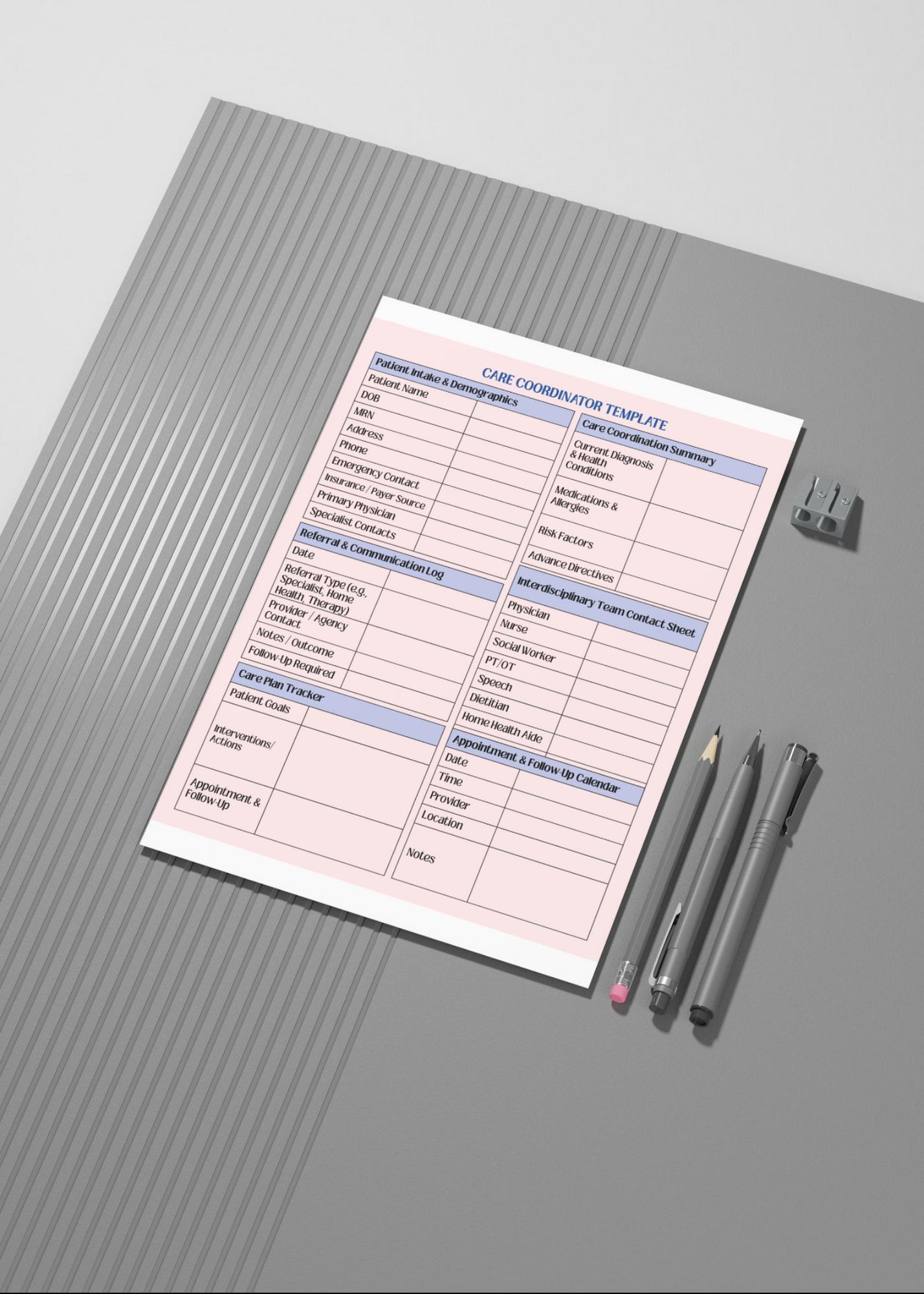 Printable Nursing Care Coordinator Template for Case Managers in ...