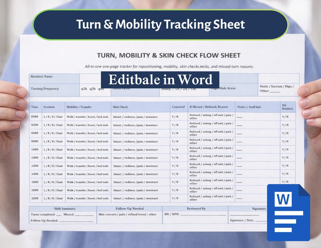 Turn and Mobility Flow Sheet and Skin Check Tracker for Nurses for LTC ...