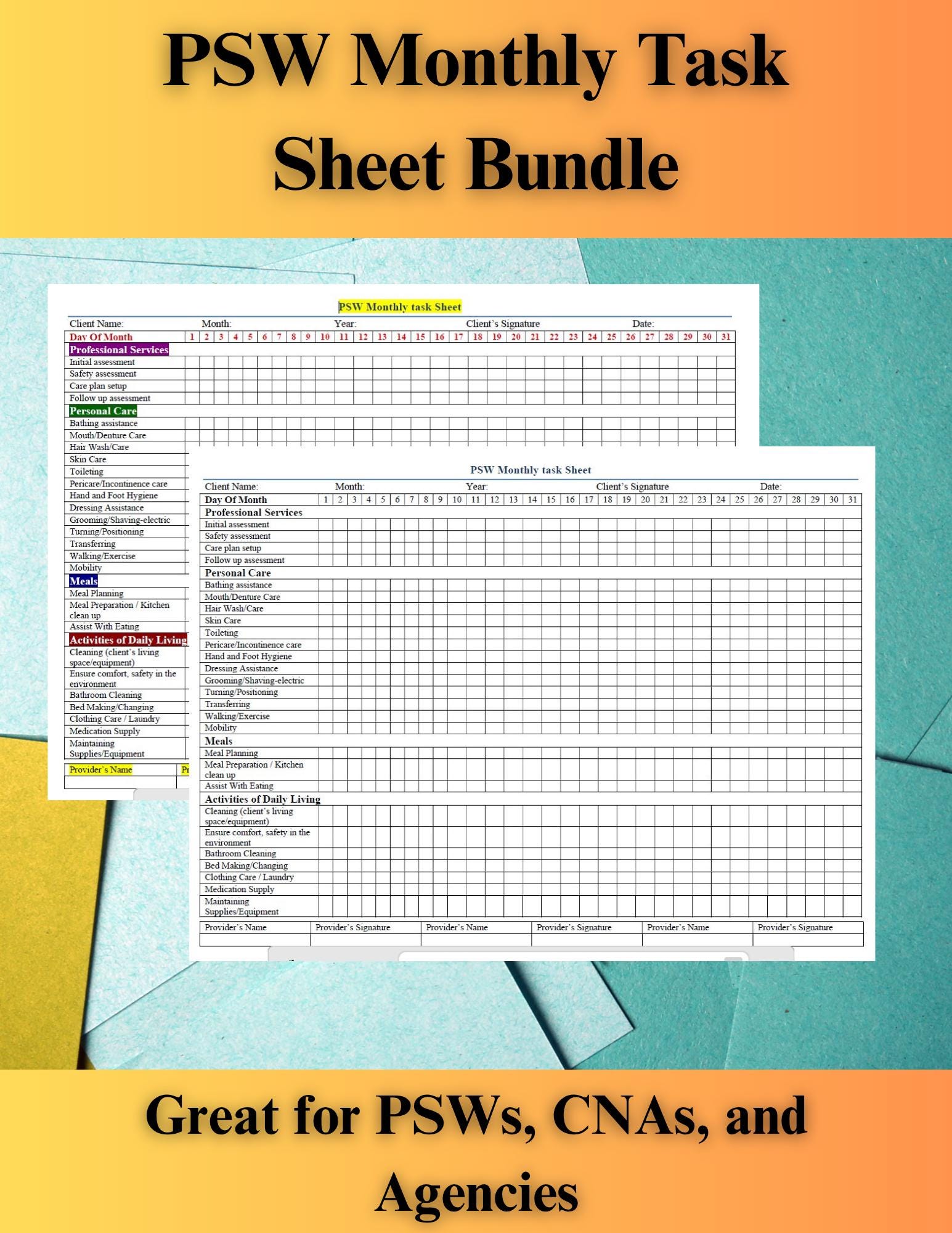 PSW Monthly Task Sheet Pdf, Daily Care Log Printable, CNA Monthly Task ...