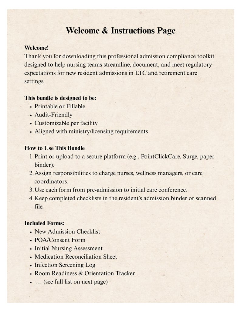 Admission Compliance Checklist Bundle, LTC, Retirement Home Forms, New ...