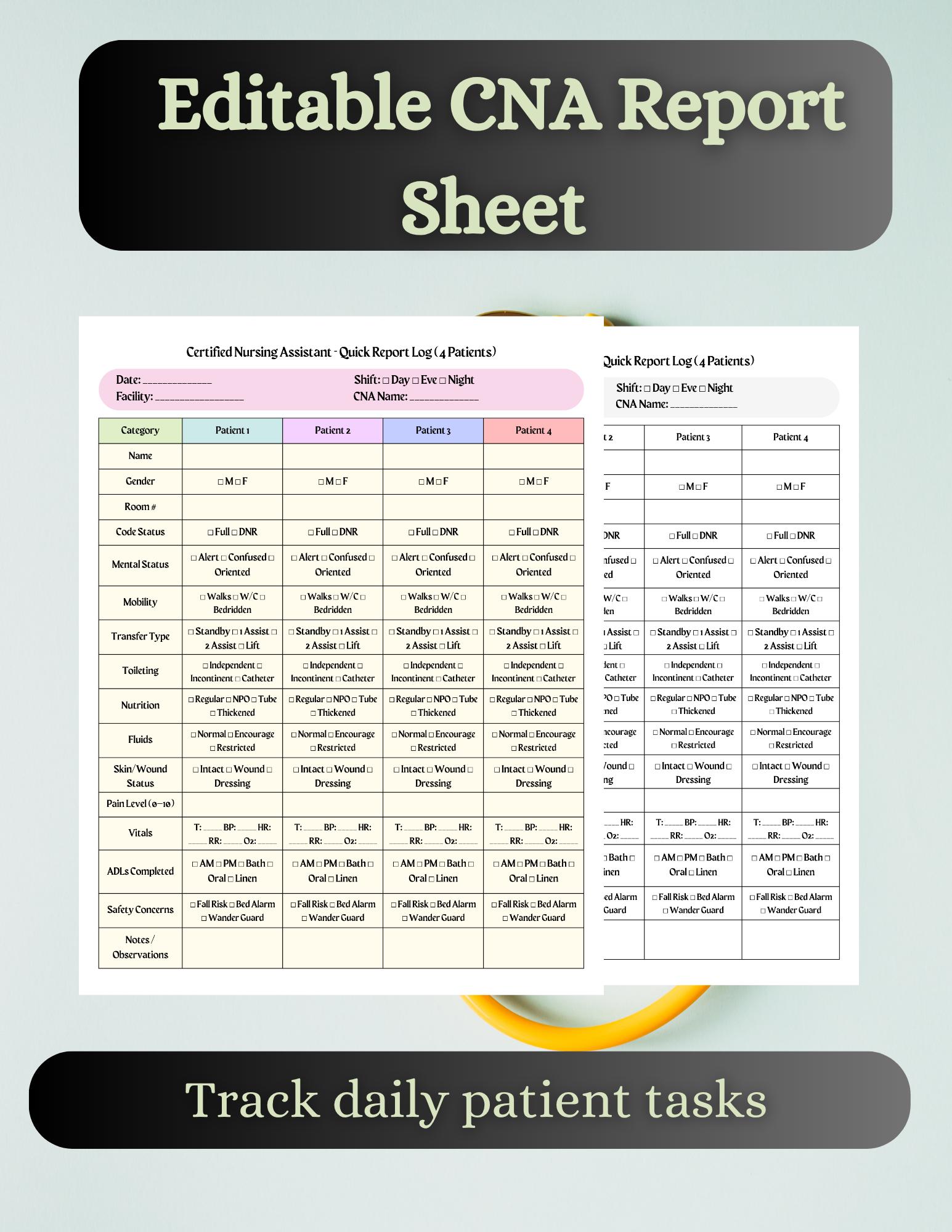 CNA Shift Report Sheet Printable, Certified Nursing Assistant Report ...