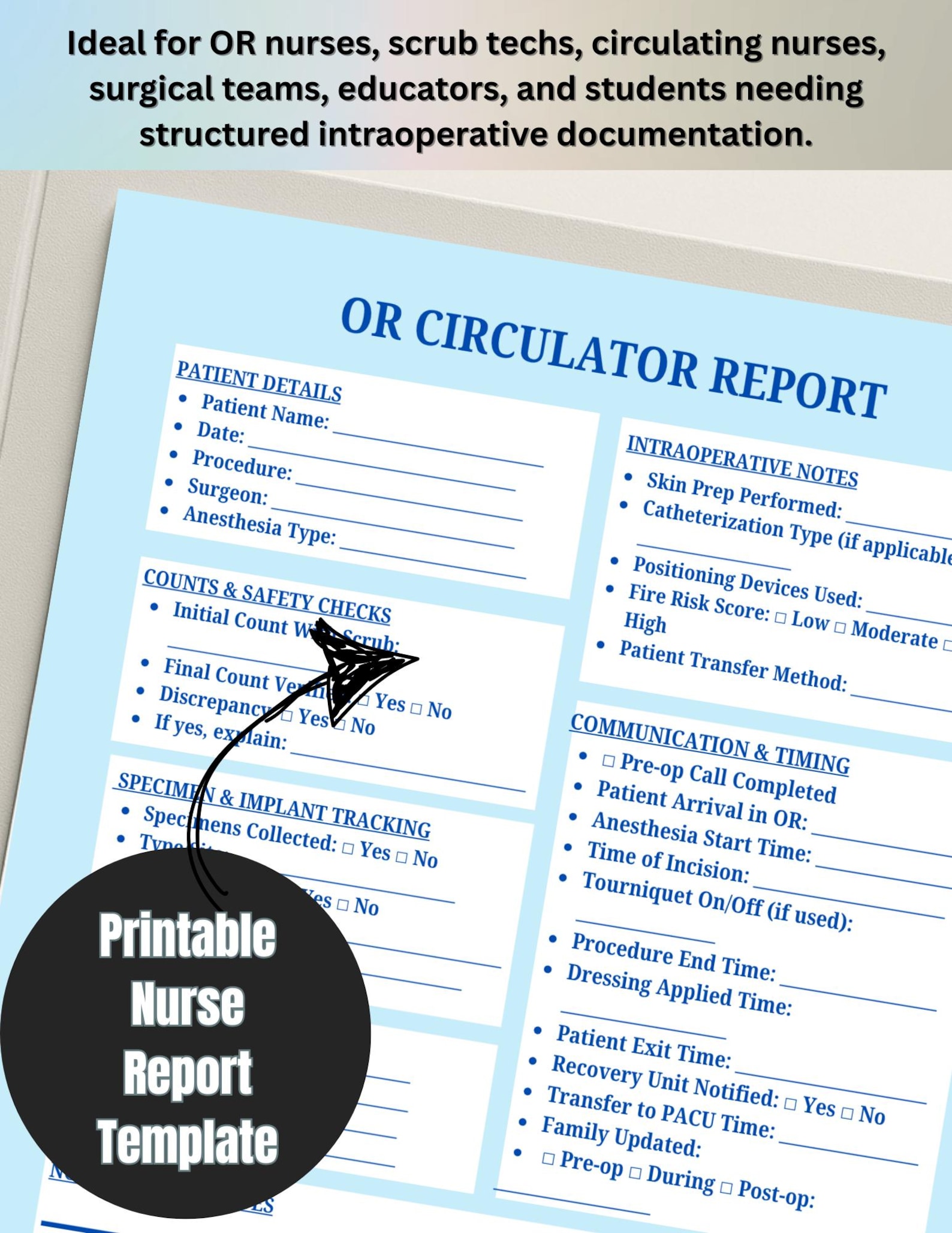 OR Nurse Report, Scrub Checklist, Circulator Notes, Surgical Count ...
