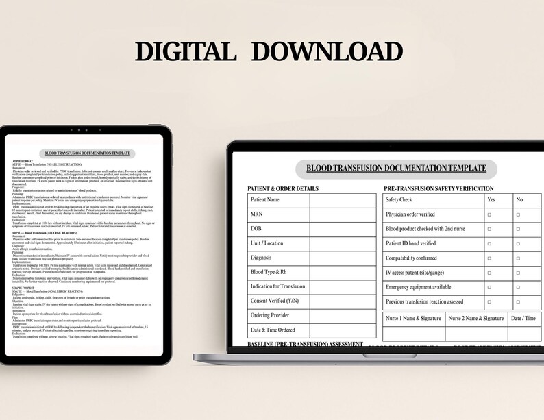Blood Transfusion Documentation Template for Nurses | Hanging Blood Charting | ADPIE SOAPIE ...
