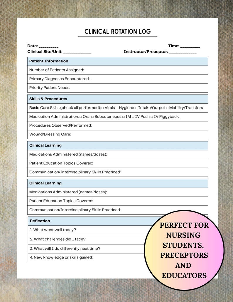 Clinical Rotation Log Printable, Nursing Student Clinical Log Sheet PDF, Skills & Reflection ...