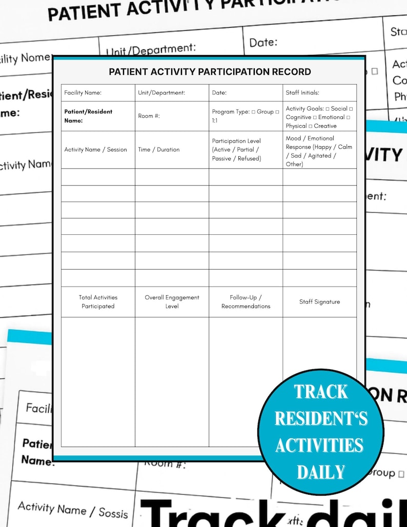 Printable Resident and Patient Activity Participation Log, PDF ...