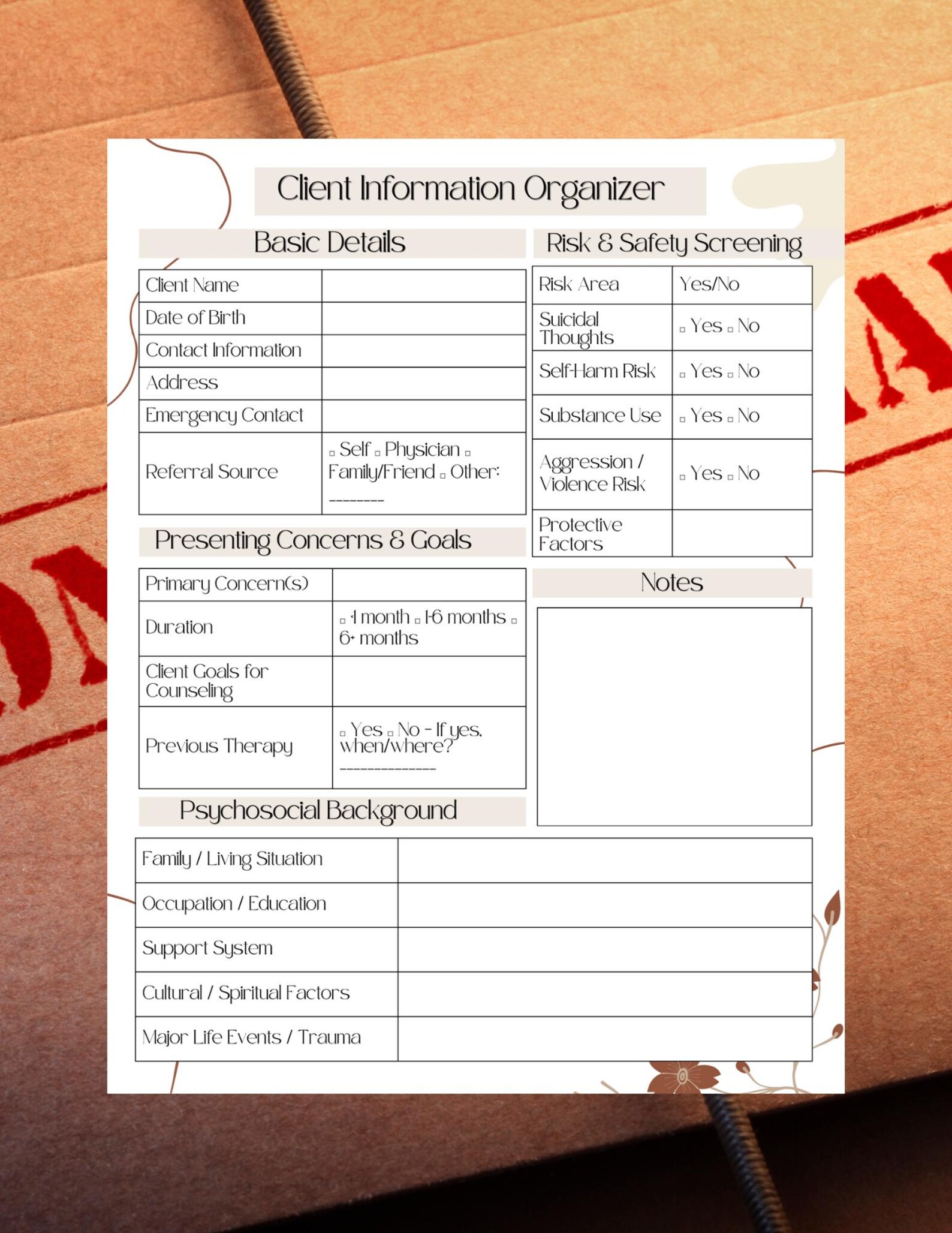 Client Information Organizer for Counselors, 5-page Therapy Intake ...