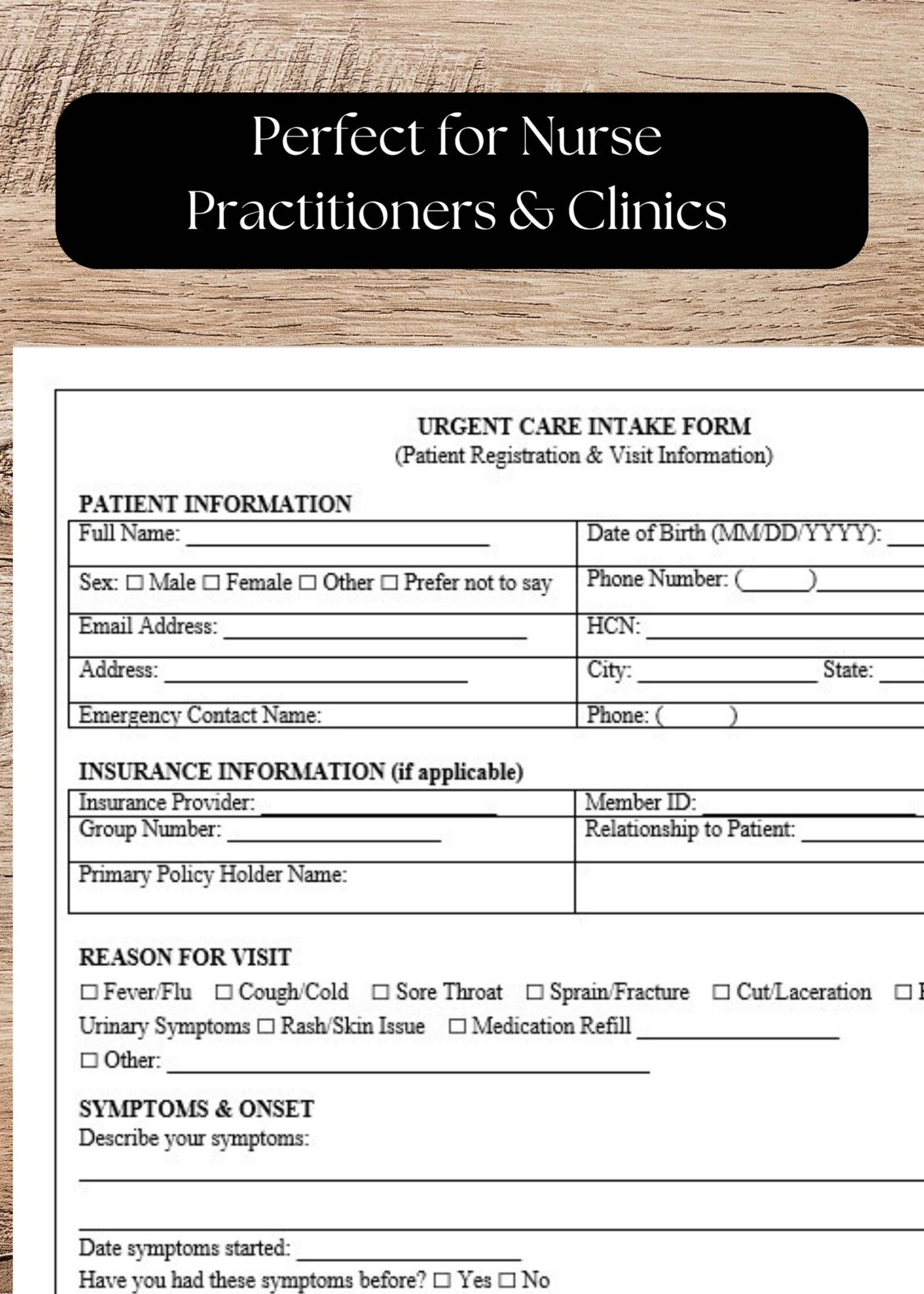 Printable Urgent Care New Patient Registration Form for Walk in Clinics ...