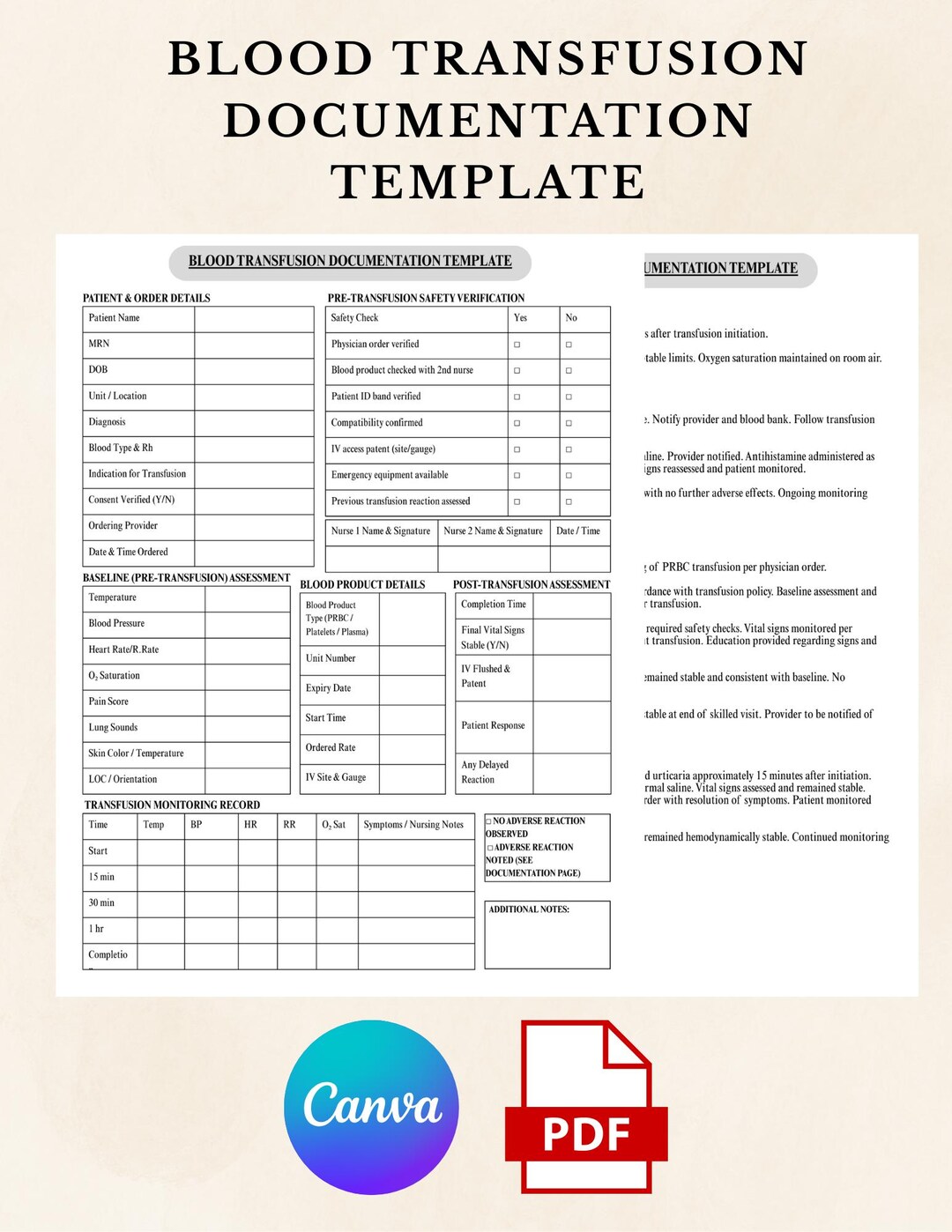 Blood Transfusion Documentation Template for Nurses | Hanging Blood Charting | ADPIE SOAPIE ...