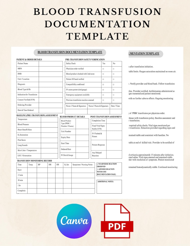 Blood Transfusion Documentation Template for Nurses | Hanging Blood ...
