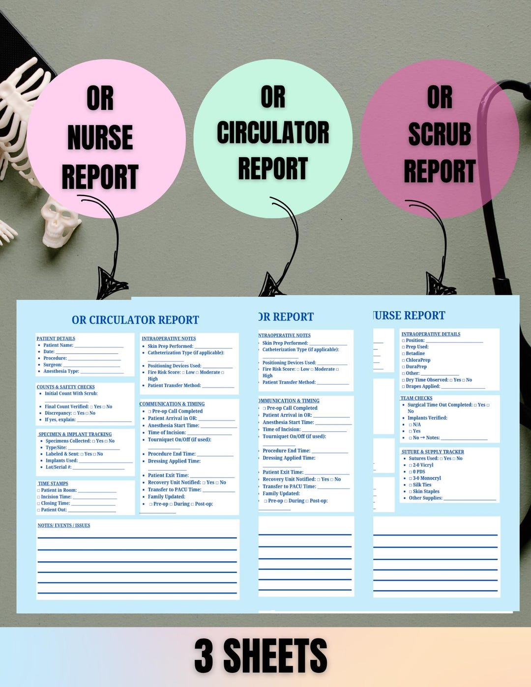OR Nurse Report, Scrub Checklist, Circulator Notes, Surgical Count ...