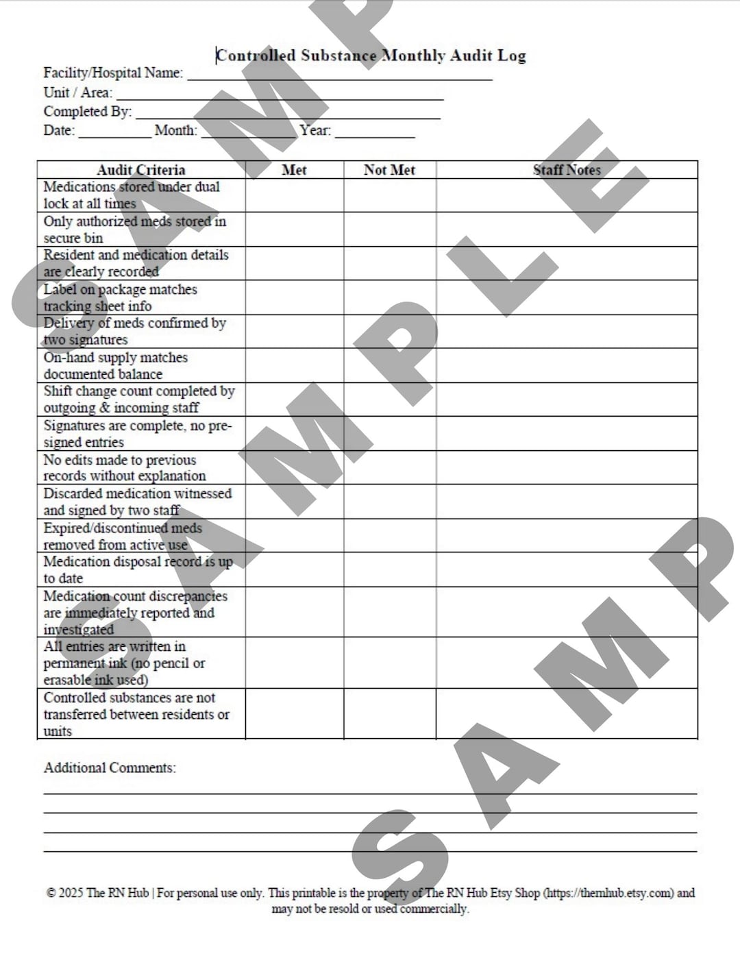 Controlled Substance Audit Log, Medication Count Tracker Printable ...