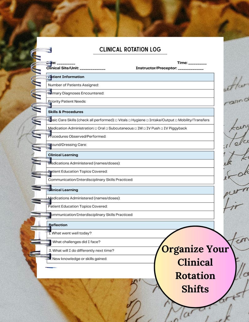 Clinical Rotation Log Printable, Nursing Student Clinical Log Sheet PDF, Skills & Reflection ...
