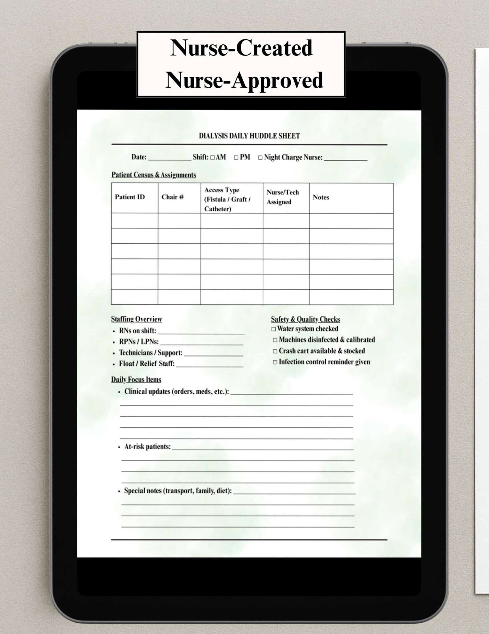 Printable Dialysis Huddle Sheet Bundle, Daily Shift Nurse Report Forms ...