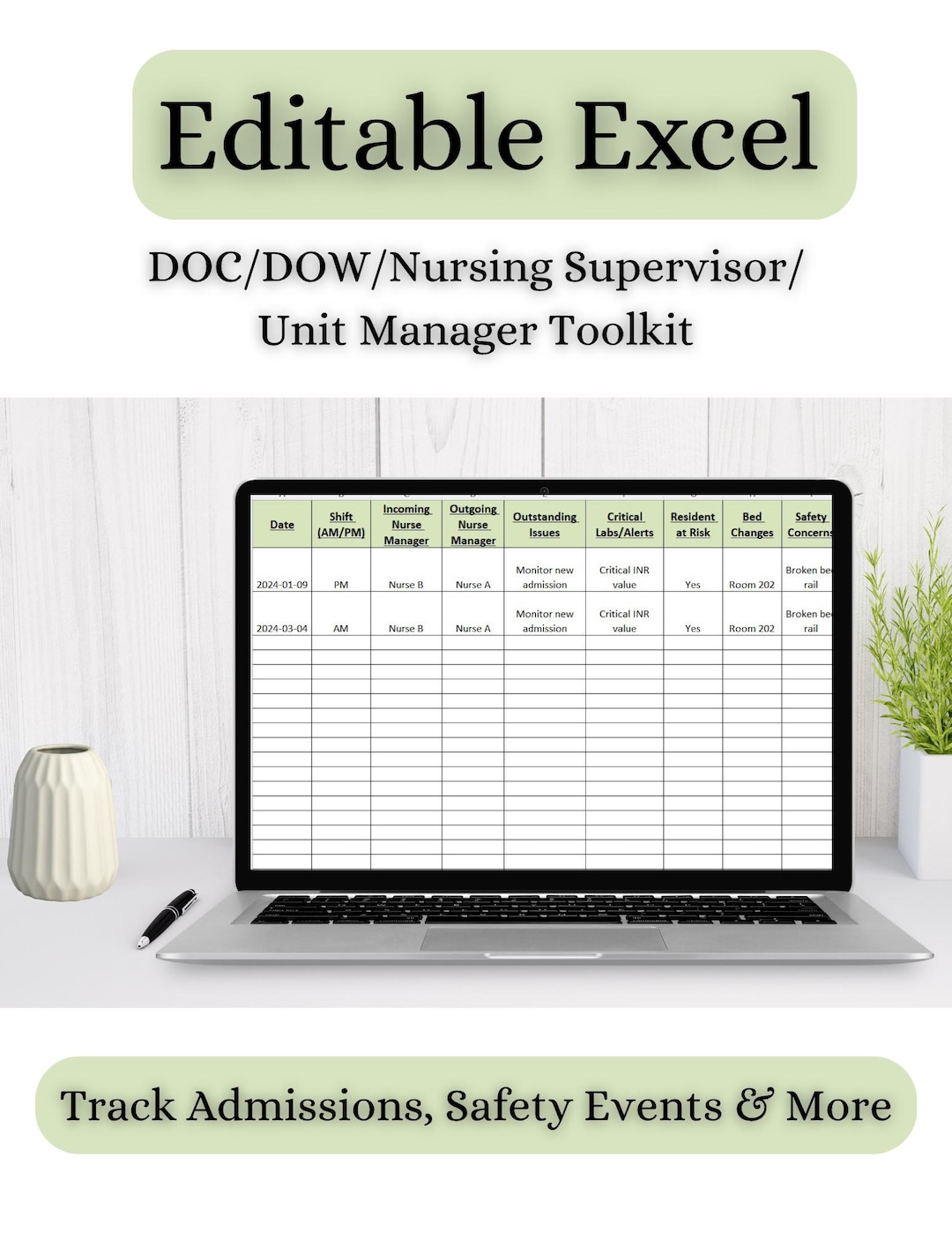 Nursing Supervisor Report Toolkit, Editable Excel Sheets for Clinical ...