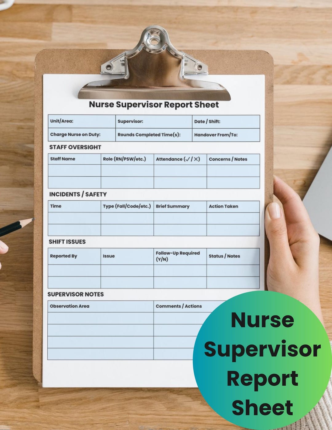 Nurse Supervisor Report Sheet, Printable PDF for Shift Handover ...