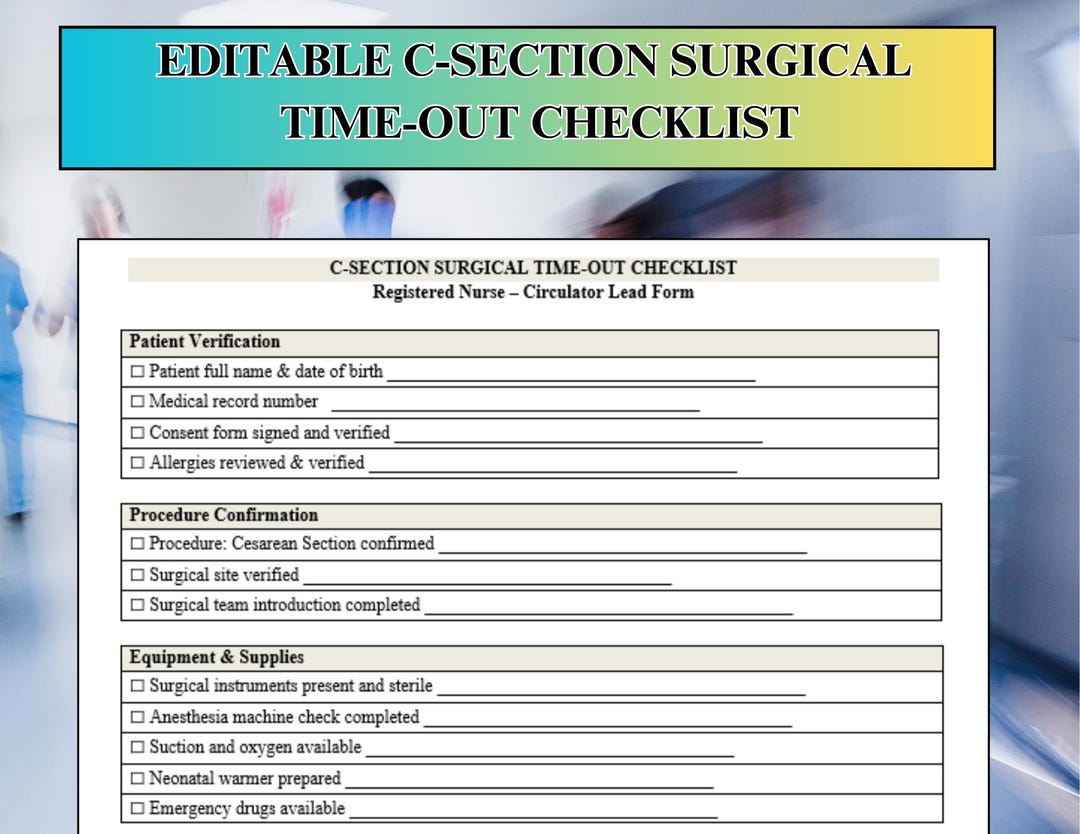 C-section Surgical Time-out Checklist for Registered Nurses, Printable ...