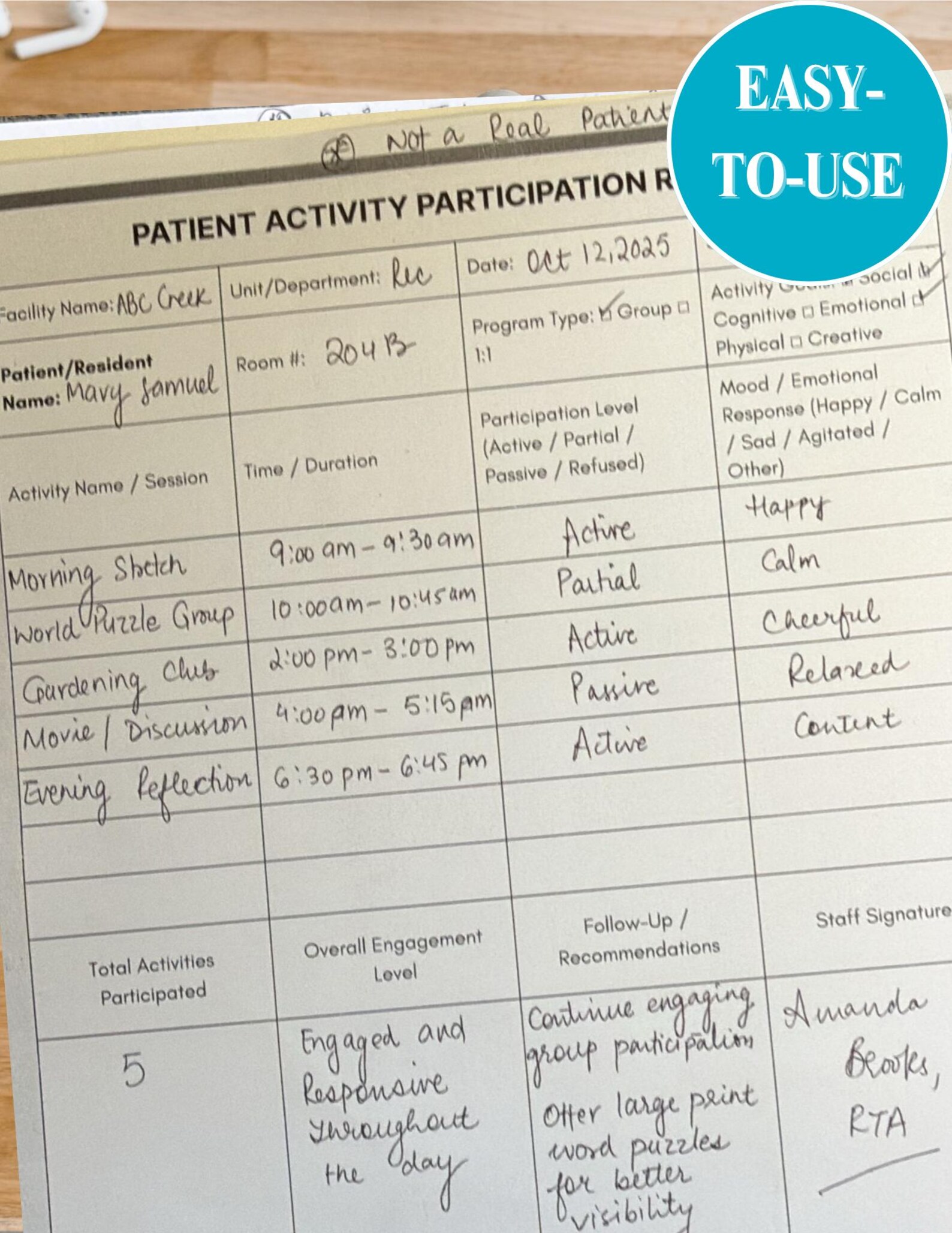 Printable Resident and Patient Activity Participation Log, PDF ...