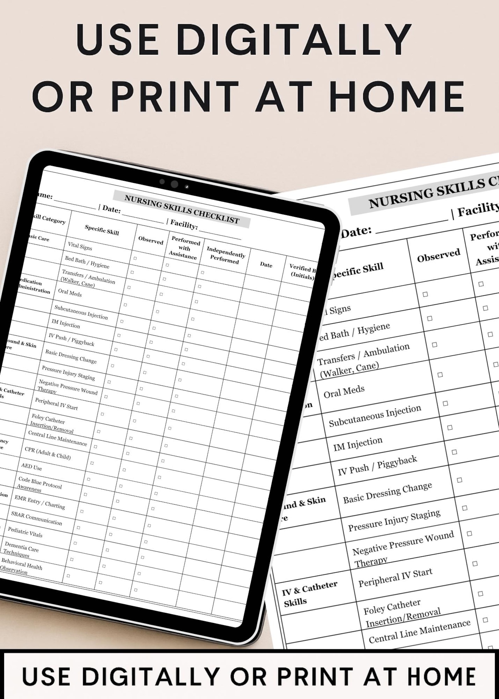 Editable Nursing Skills Checklist Template, Printable Nursing Skills ...