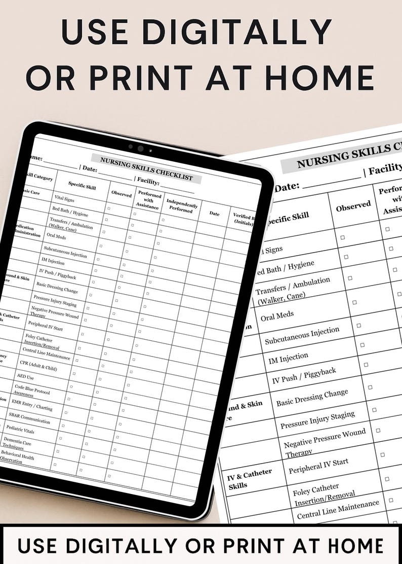 Editable Nursing Skills Checklist Template, Printable Nursing Skills ...