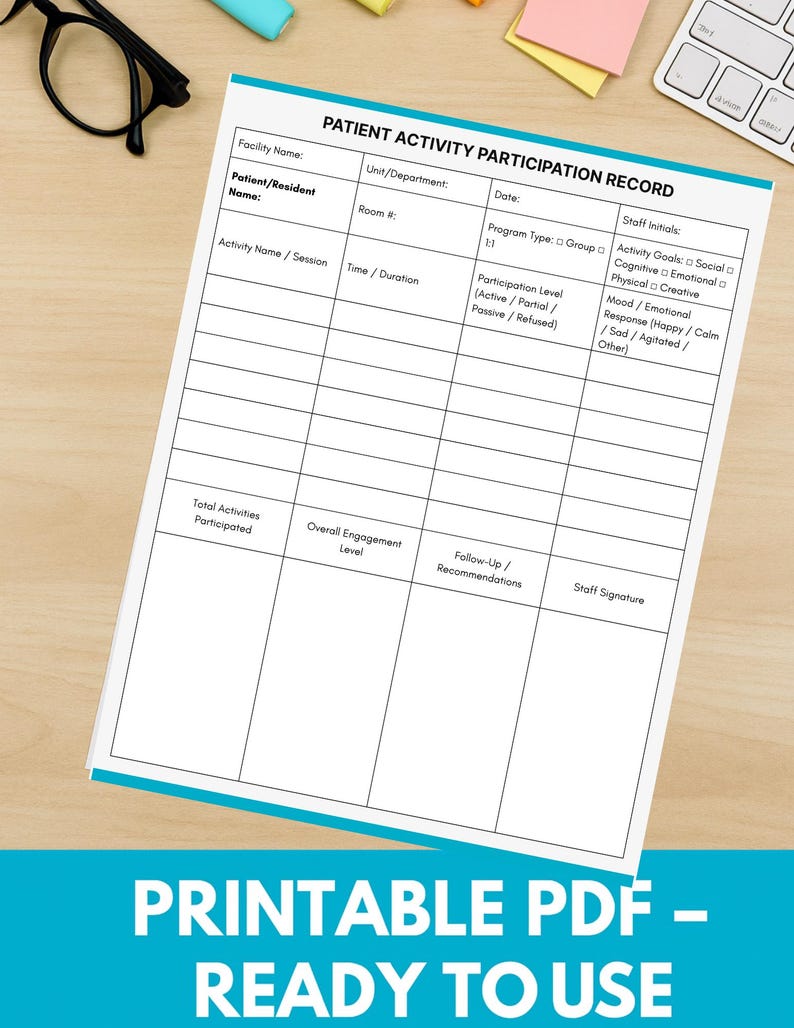 Printable Resident and Patient Activity Participation Log, PDF ...