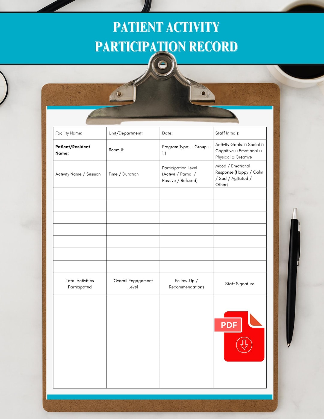 Printable Resident and Patient Activity Participation Log, PDF ...