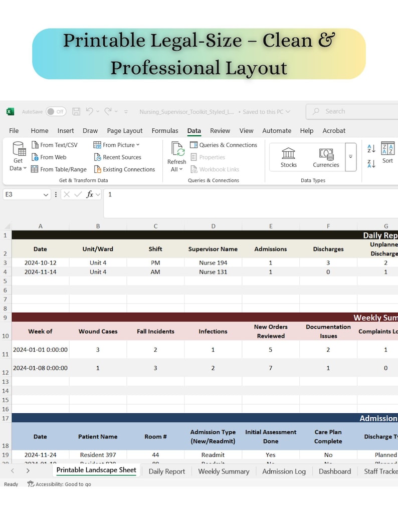 Nursing Supervisor Report Toolkit, Editable Excel Sheets for Clinical ...
