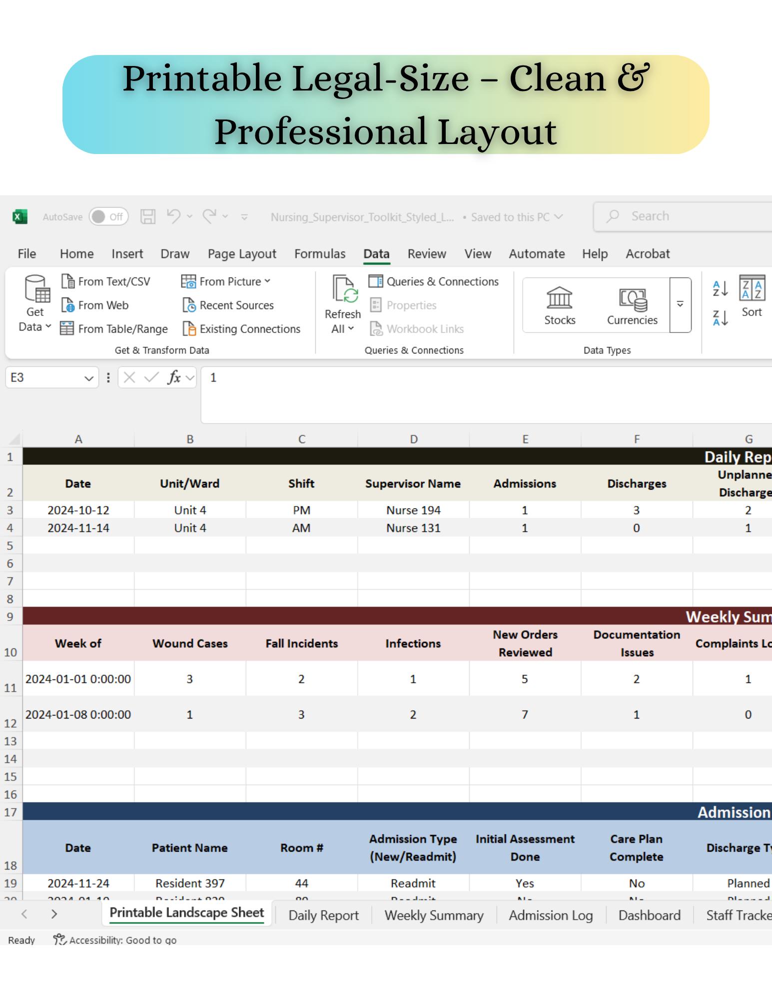 Nursing Supervisor Report Toolkit, Editable Excel Sheets for Clinical ...