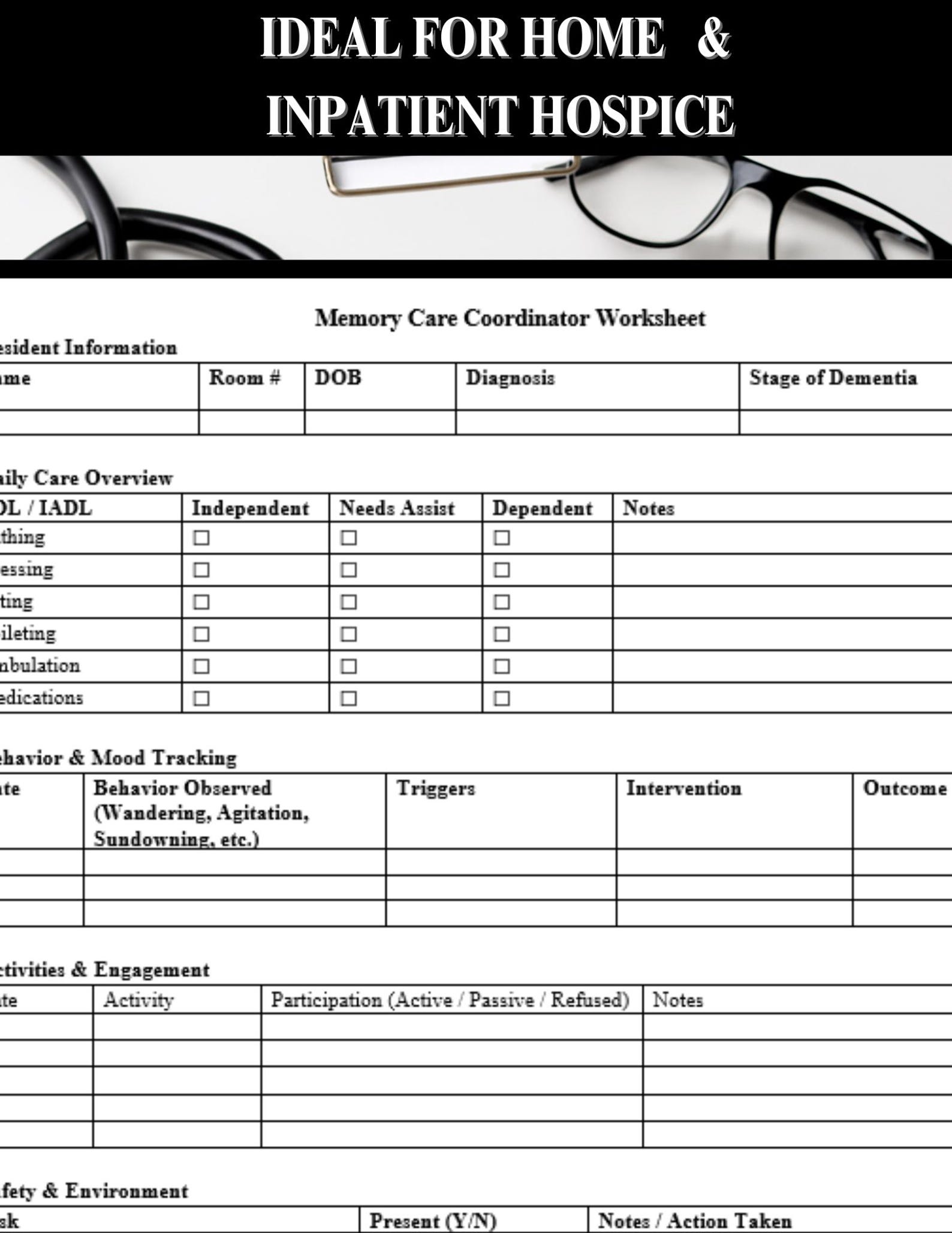 Memory Care Coordinator Worksheet for Dementia Care, Tracking Sheet for ...