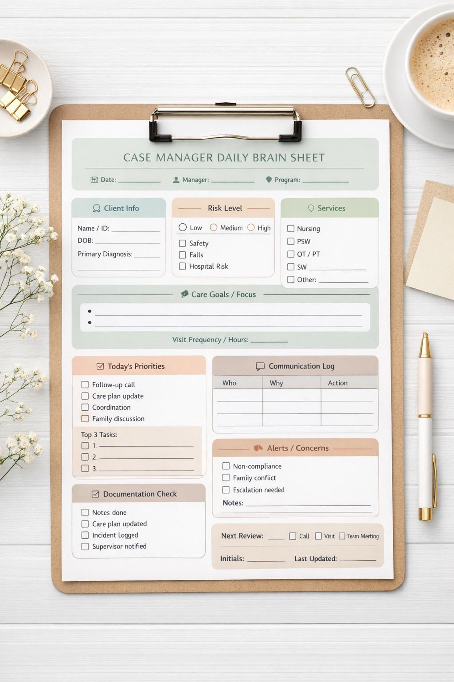 Case Manager Brain Sheet | Case Management Planner | Care Coordination ...