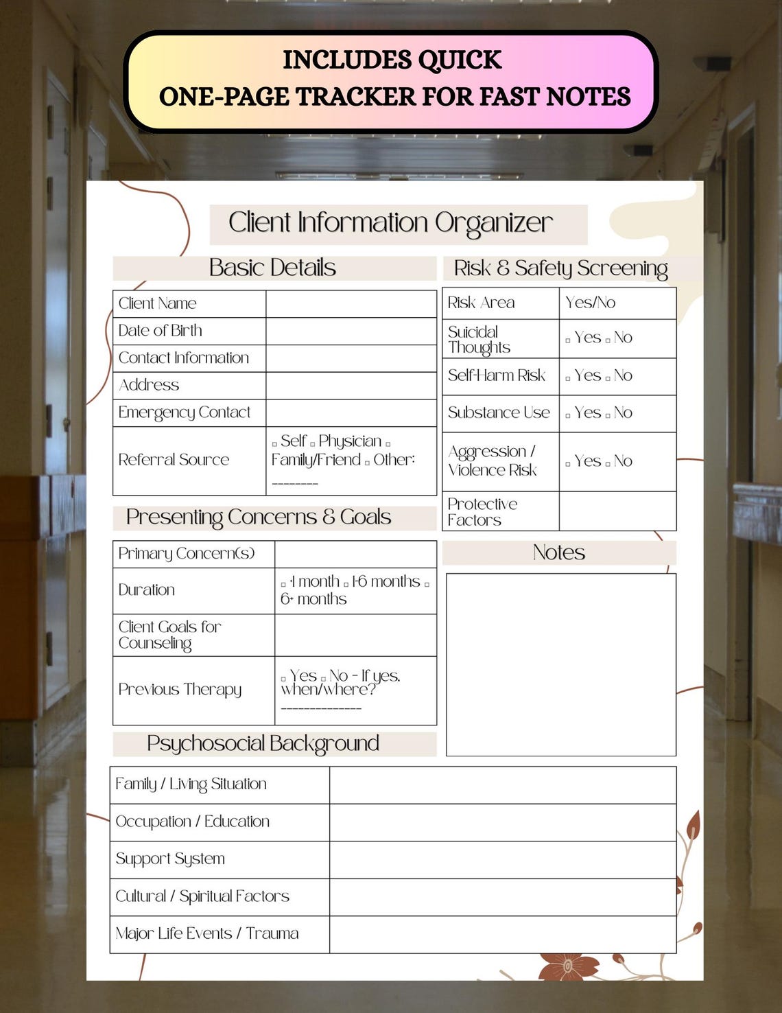 Client Information Organizer for Counselors, 5-page Therapy Intake ...