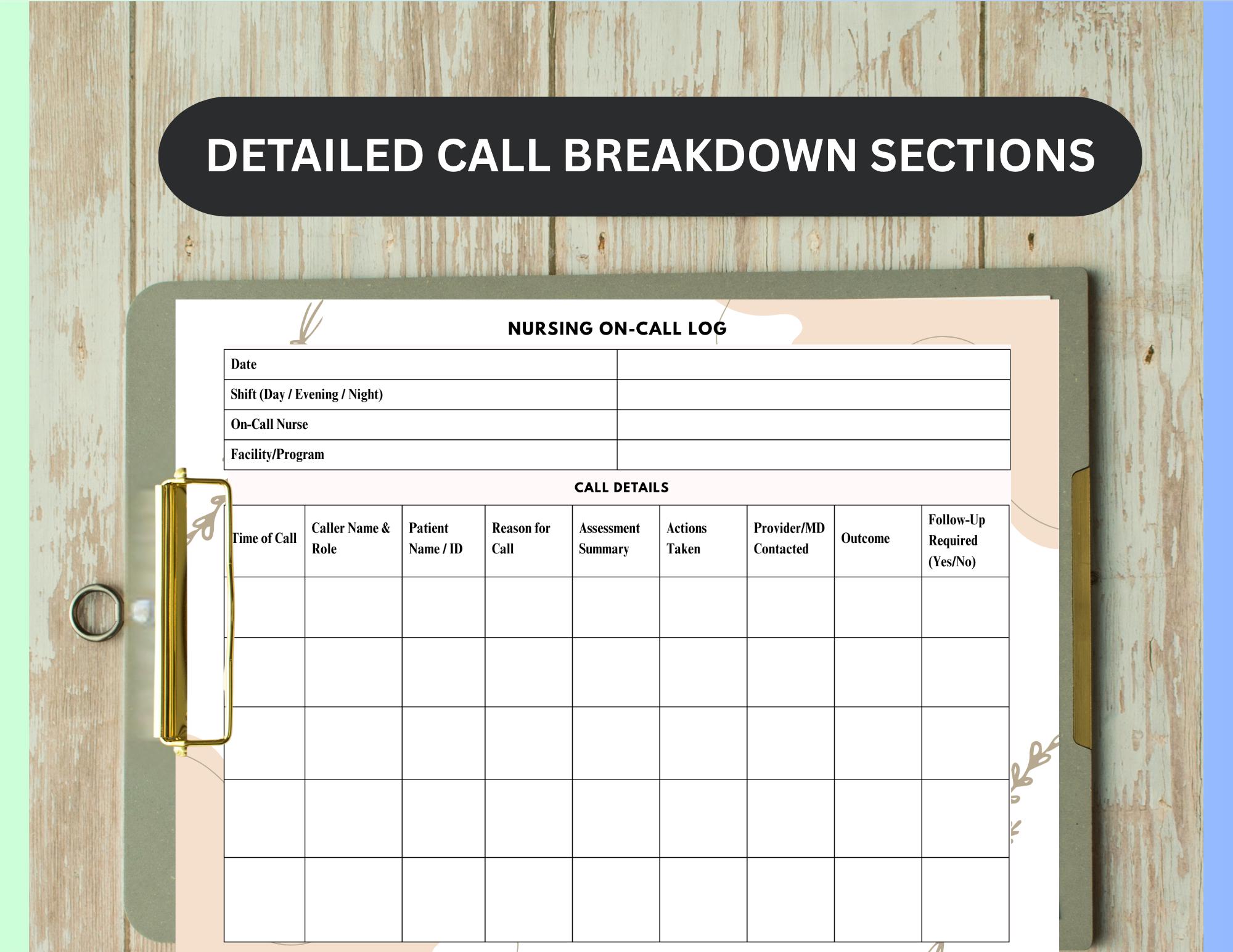 Nursing On-call Log Template Landscape | Printable Nurse Call Sheet PDF ...