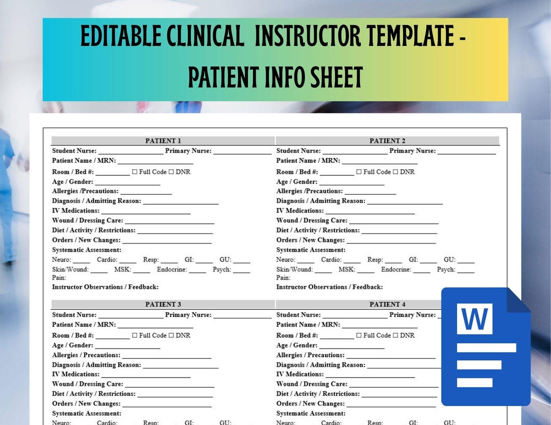 Clinical Instructor Patient Info Sheet – Editable Nursing Template for ...