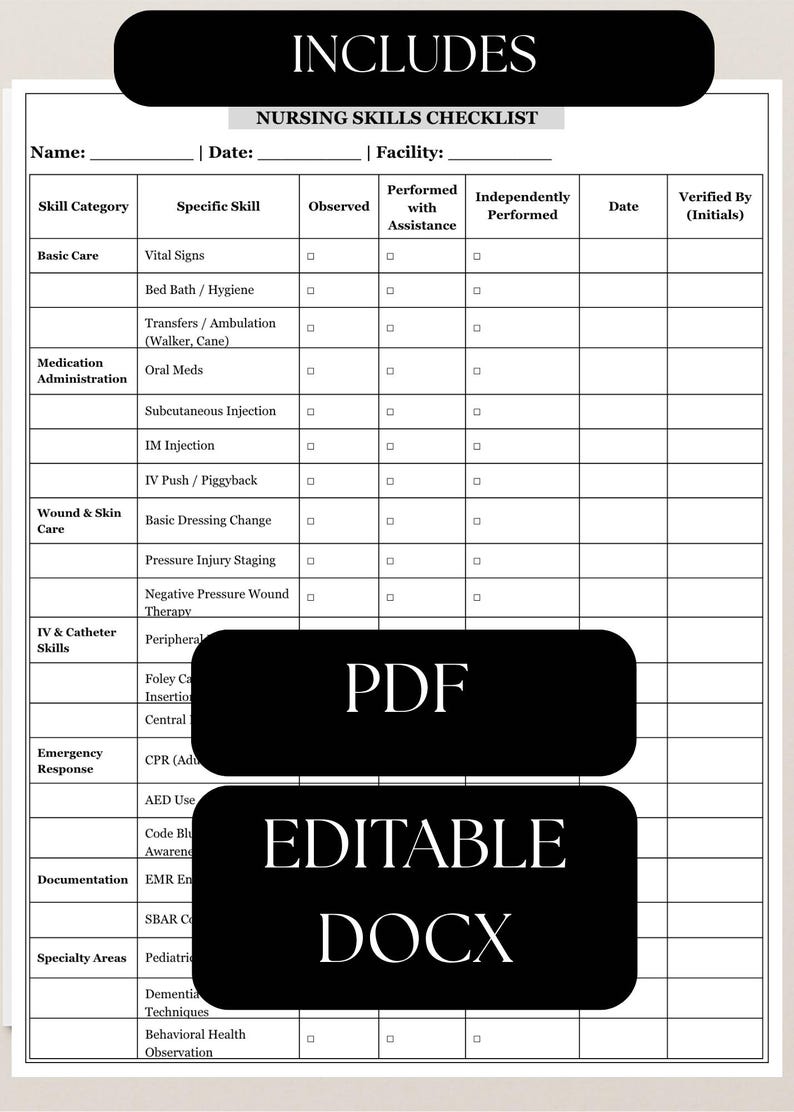 Editable Nursing Skills Checklist Template, Printable Nursing Skills ...