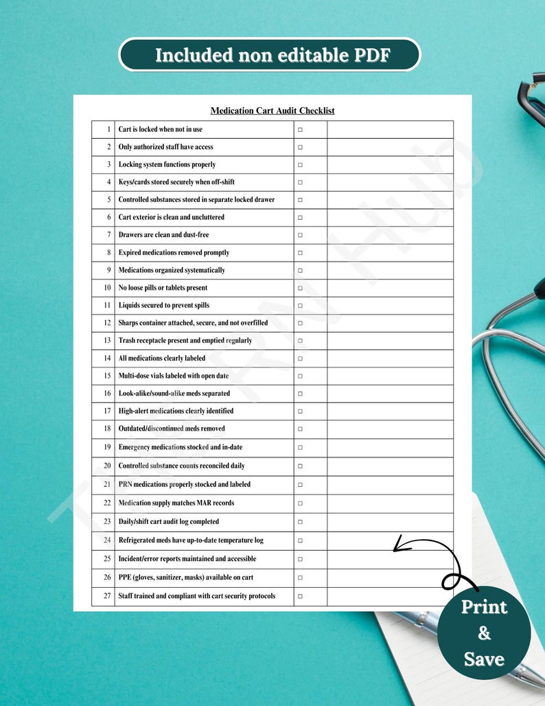 Medication Cart Audit Checklist, Fillable PDF, Nursing Form, LTC ...