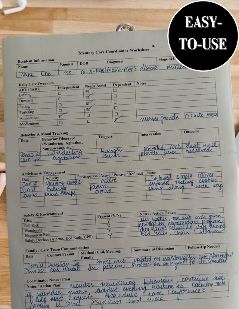 Memory Care Coordinator Worksheet for Dementia Care, Tracking Sheet for ...