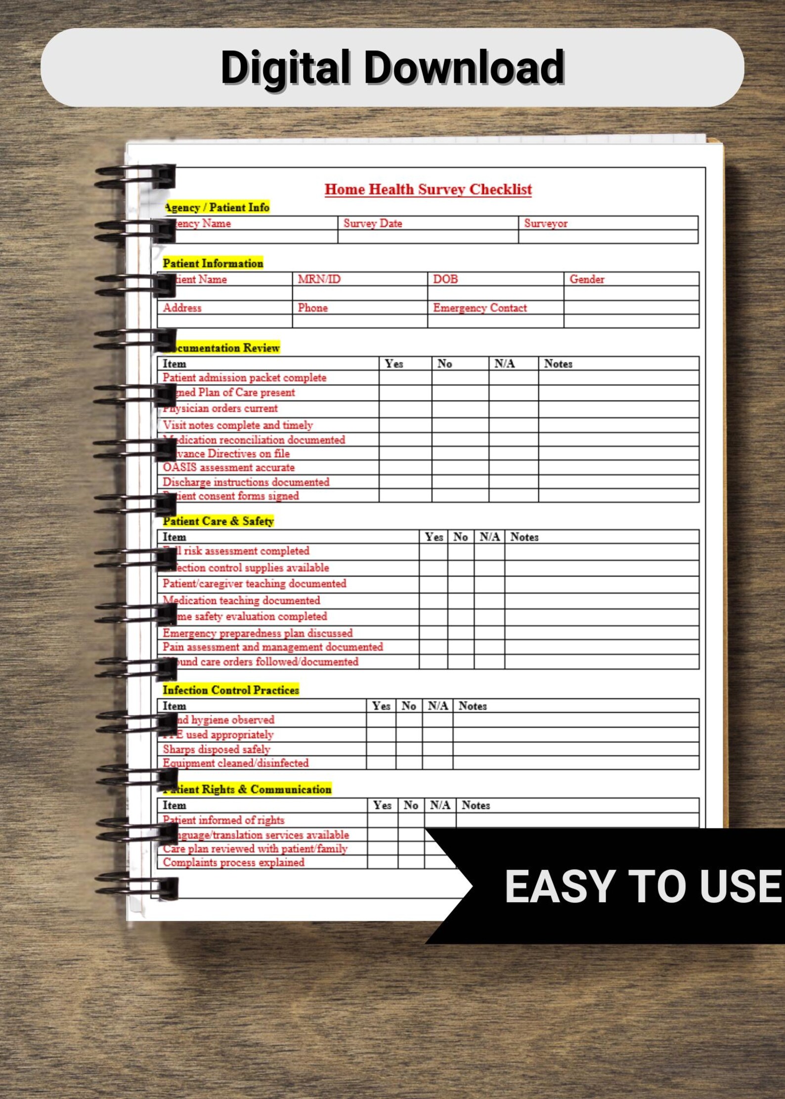 Home Health Survey Checklist, Editable Word Document, Nursing Form ...