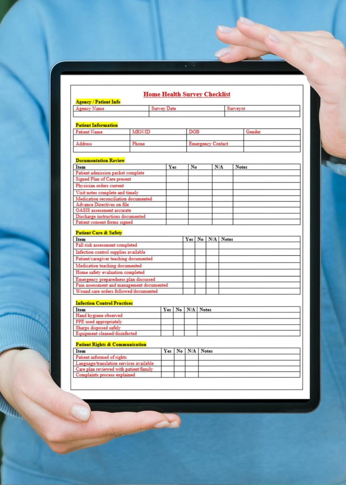 Home Health Survey Checklist, Editable Word Document, Nursing Form ...