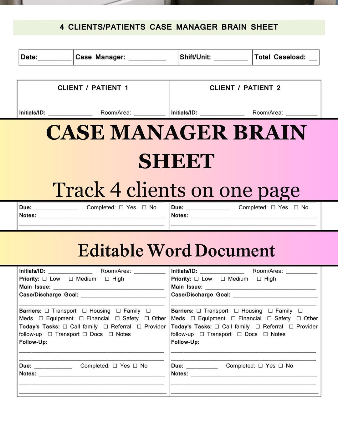 Case Manager Brain Sheet for 4 Clients, Editable Word Template and Case ...