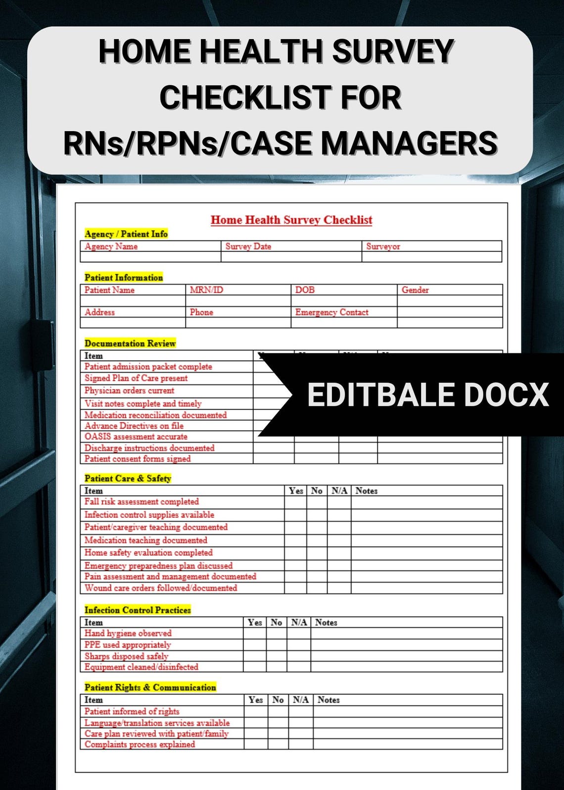 Home Health Survey Checklist, Editable Word Document, Nursing Form ...