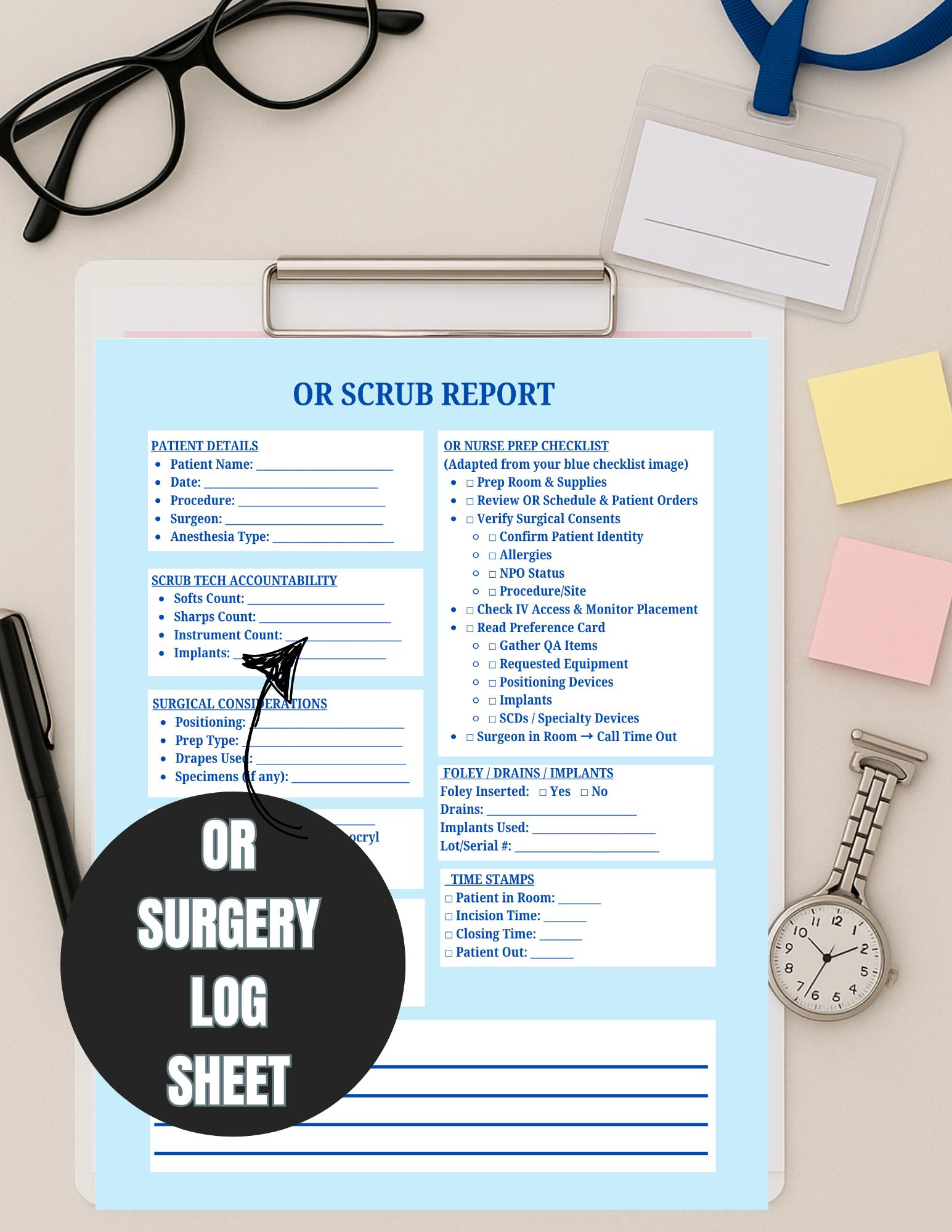 OR Nurse Report, Scrub Checklist, Circulator Notes, Surgical Count ...