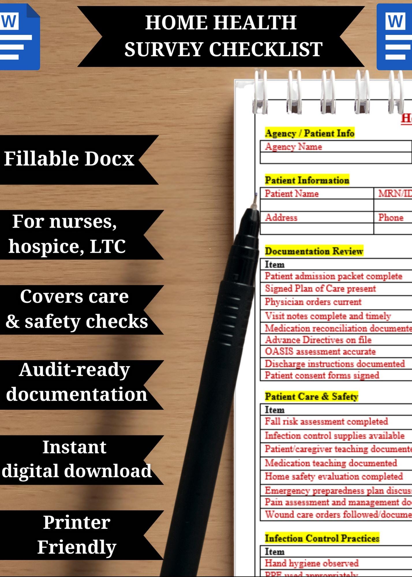 Home Health Survey Checklist, Editable Word Document, Nursing Form ...