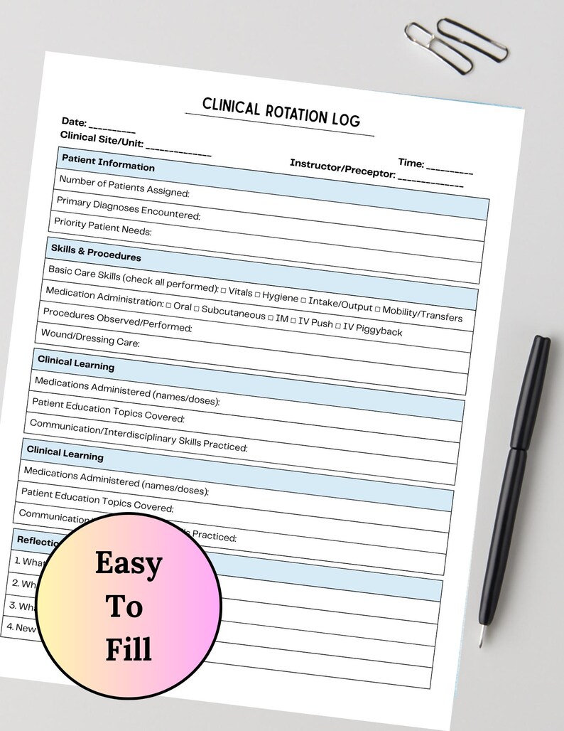 Clinical Rotation Log Printable, Nursing Student Clinical Log Sheet PDF, Skills & Reflection ...