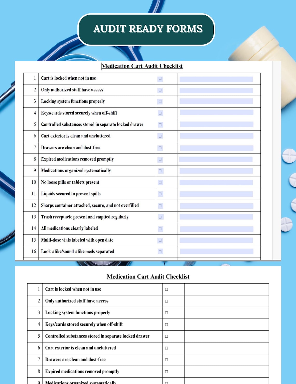 Medication Cart Audit Checklist, Fillable PDF, Nursing Form, LTC ...